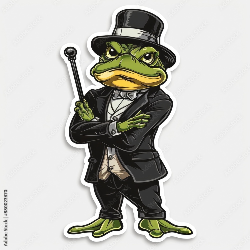 cartoon frog with top hat and cane sticker, white background, simple Q ...