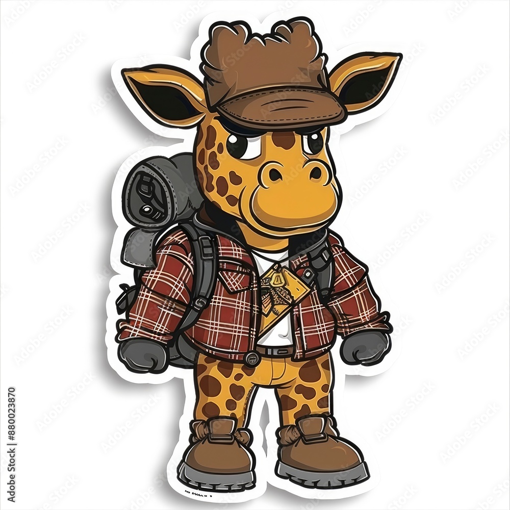 cartoon giraffe with explorer hat and map sticker, white background ...