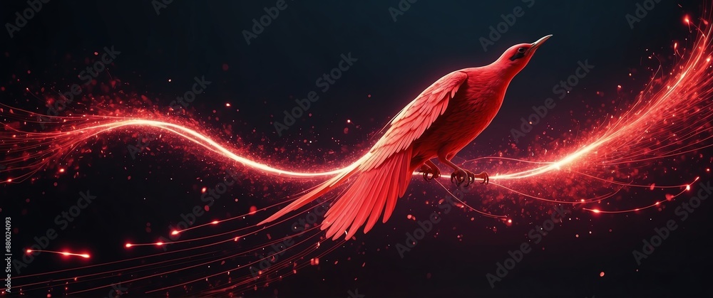 red theme flying bird shape light trail effect futuristic particles ...