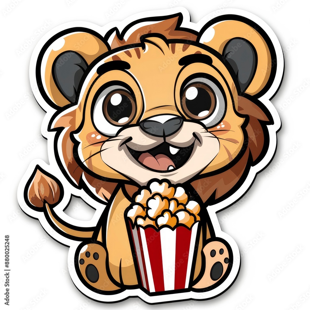 cartoon lion with popcorn and movie ticket sticker, white background ...