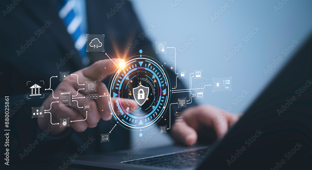 Person touches virtual shield, representing secure access and encrypted ...