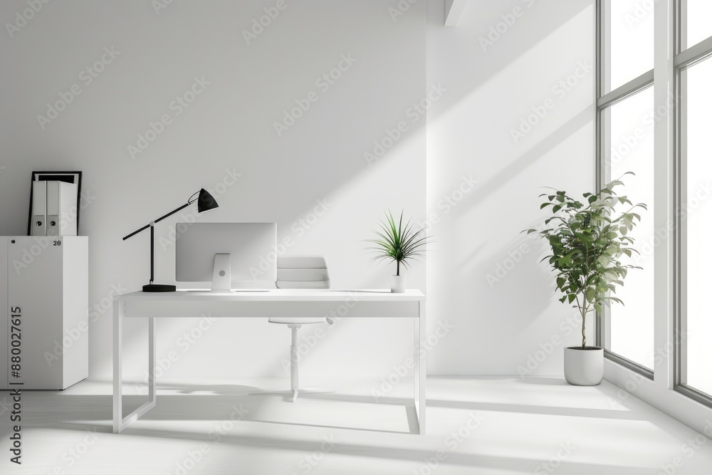 Clean and uncluttered white office space with a white desk and ...