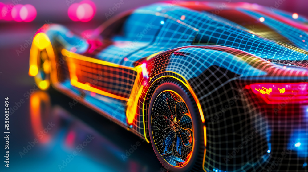 Neon glow car design with futuristic gridlines and vibrant lights ...