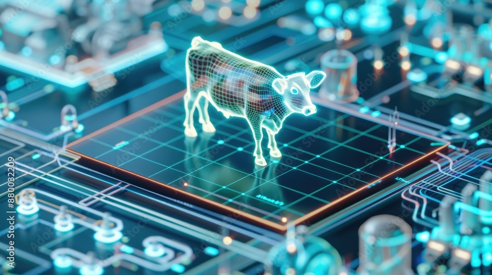 Holographic cow projection on a futuristic circuit board showcases ...