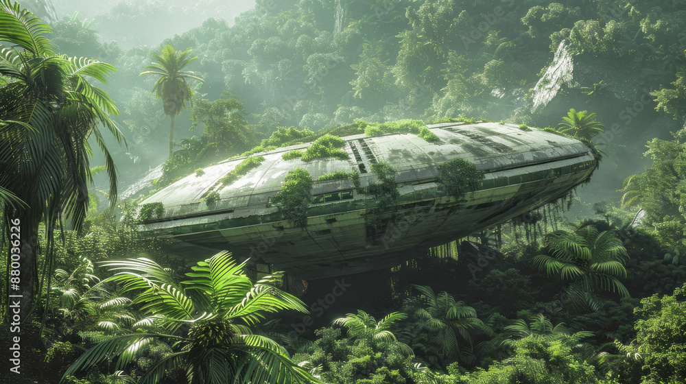 Broken fallen spacecraft in tropical forest, lost alien spaceship ...