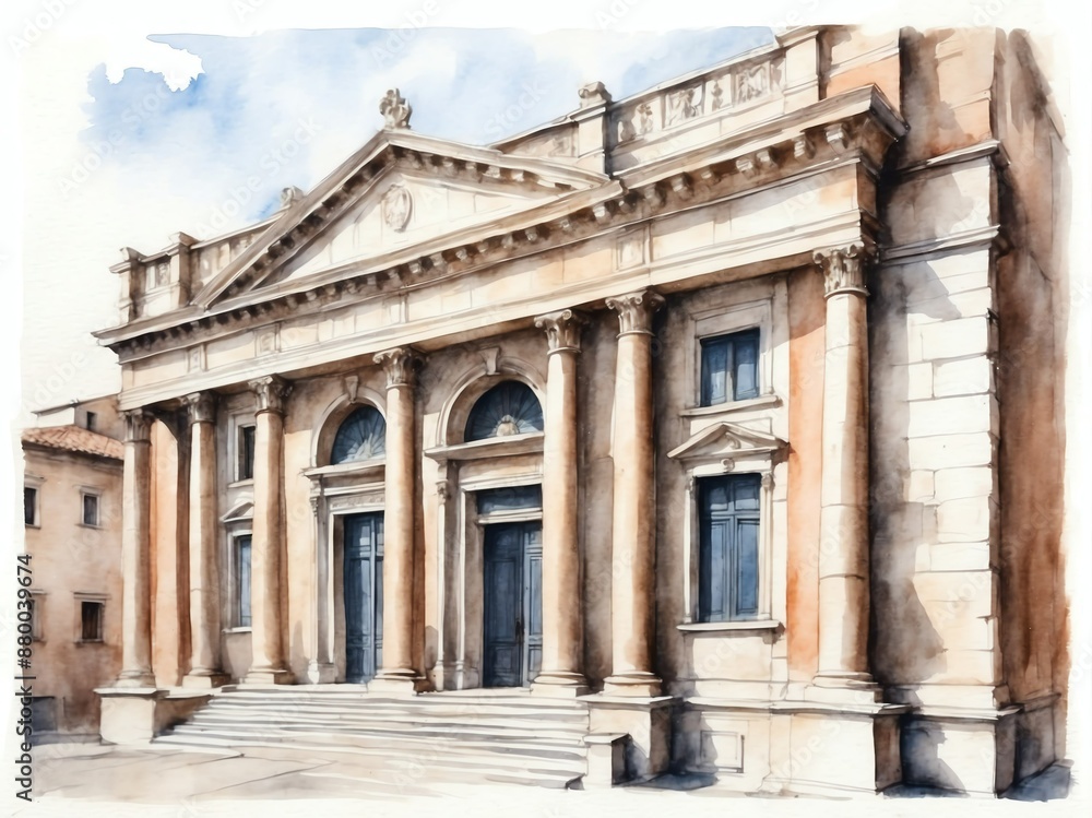 roman hall facade exterior watercolor art painting in plain white ...