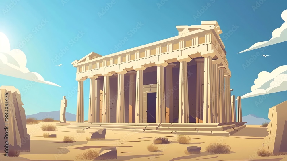 Cartoon illustration of an ancient Greek temple with a bright blue sky ...