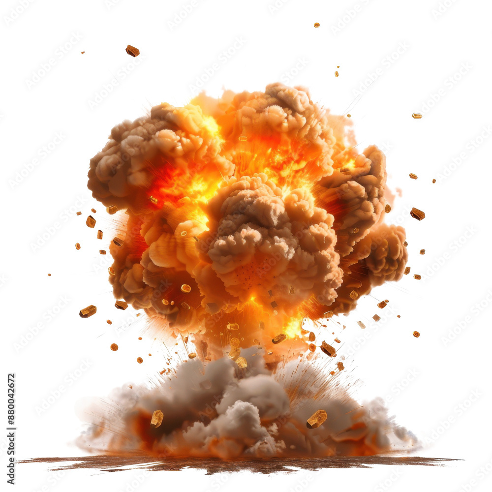 Fiery explosion with clouds of smoke and flames, isolated on white ...