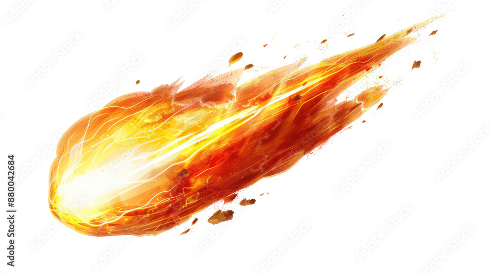 Fiery meteor streaking across the dark sky, leaving a trail of bright ...