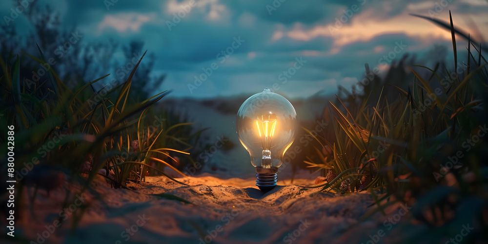 Lit light bulb on sandy ground surrounded by grass under cloudy sky ...