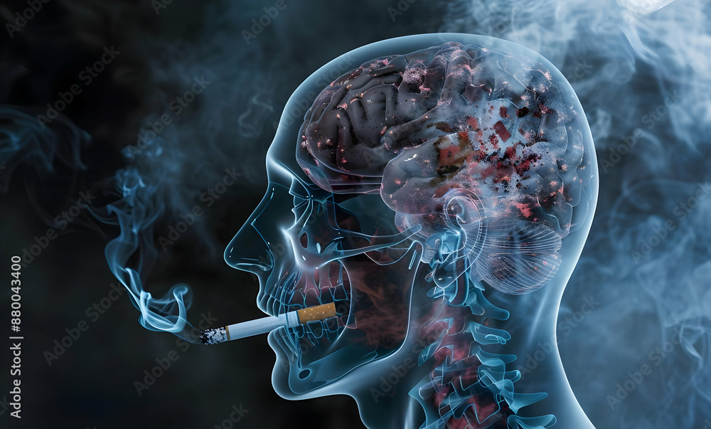 X-ray image of a human head smoking a cigarette, highlighting the ...