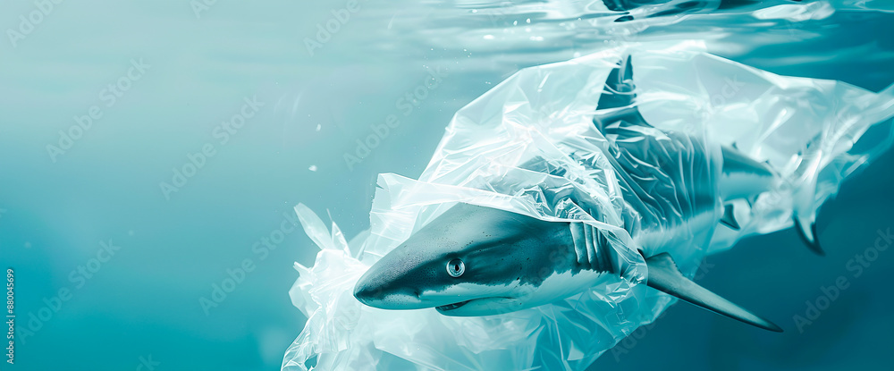 Shark swimming underwater with its body tangled and trapped in a ...