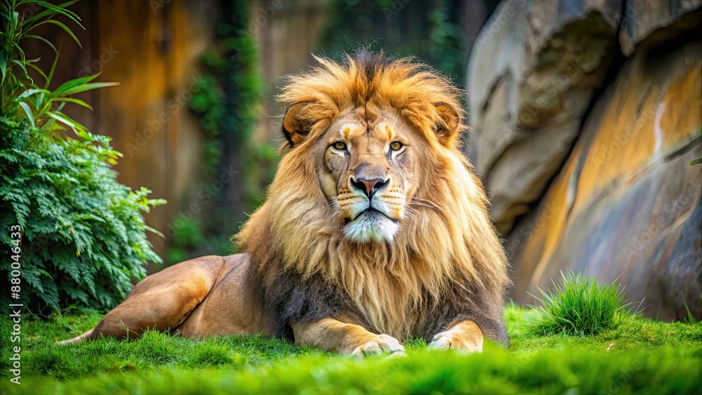 Lion laying in a grassy enclosure at the zoo , wildlife, majestic, big ...
