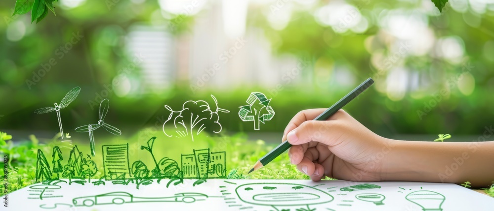 Child drawing outlines sustainability ecology save environment concept ...