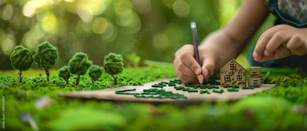 ภาพประกอบสต็อก Child drawing outlines sustainability ecology save ...