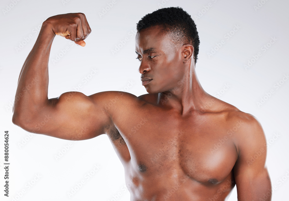 Studio, black man and flex with muscle for fitness, power and strong ...