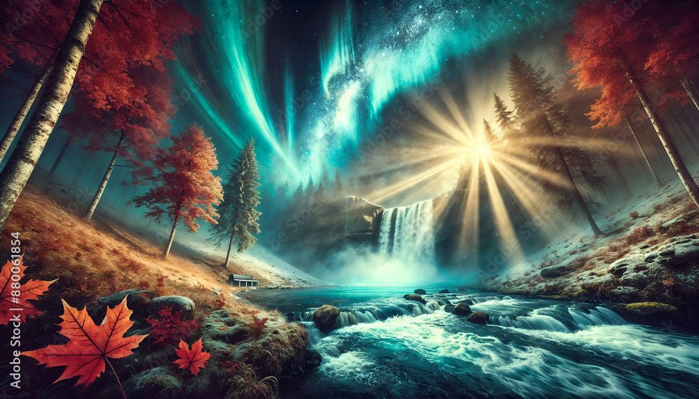 Ethereal Autumn Night, Magical Forest and Waterfall under Aurora ...