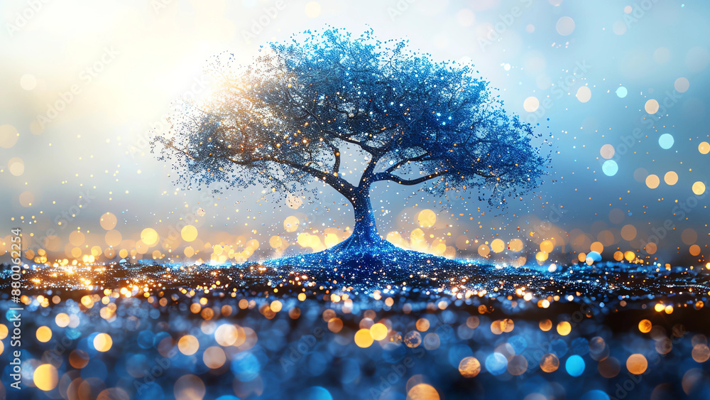 Data Tree Concept Art With Blue and Yellow Bokeh Particles Stock ...