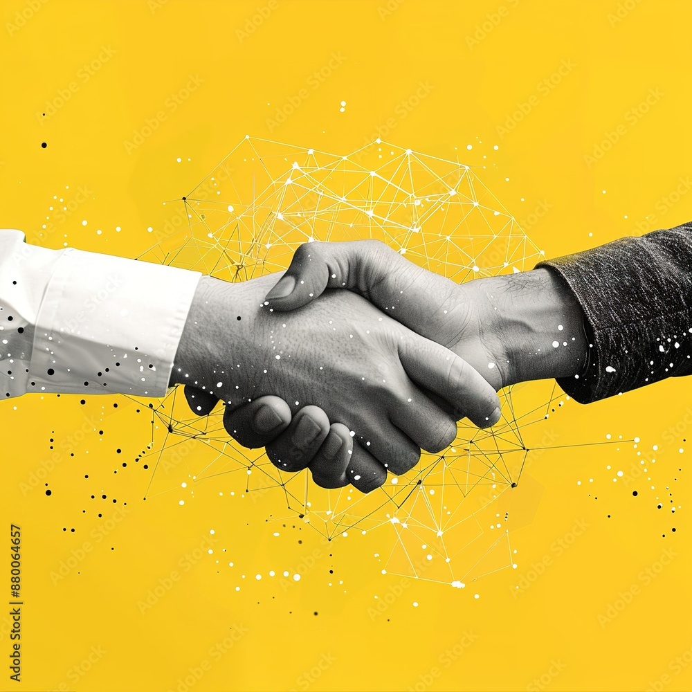Black and white hand shaking, yellow background with digital elements ...