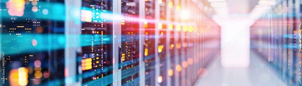 Bright lights illuminate a modern data center server room with rows of ...