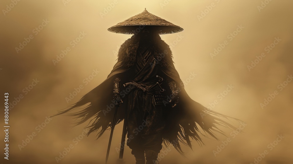 Mysterious samurai warrior in traditional attire and straw hat ...