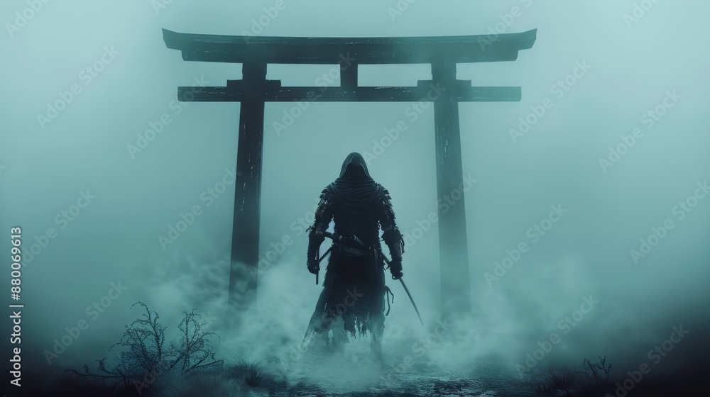 Silhouette of a samurai standing in front of a torii gate, surrounded ...