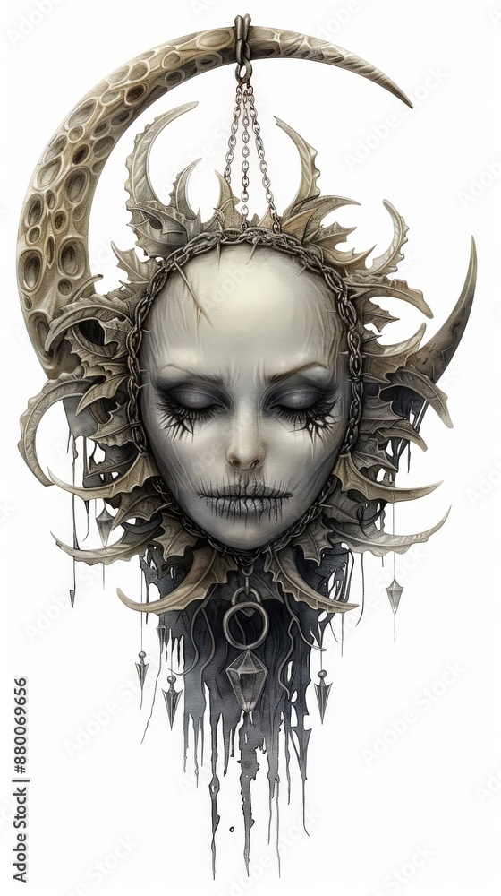 Surreal moon face art with intricate details and gothic elements ...