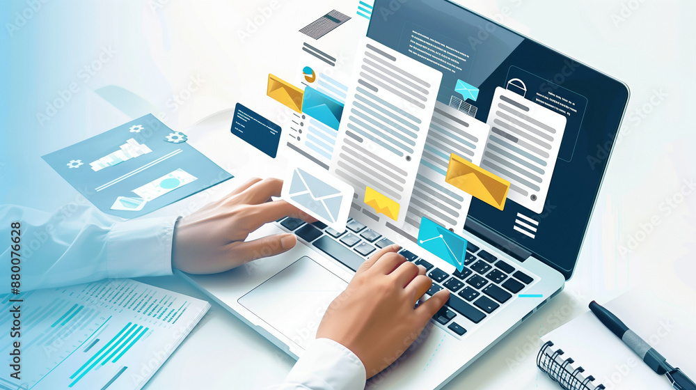 Document management concept. Person use laptop to paperless online ...
