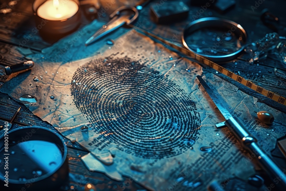 Fingerprint at a crime scene with evidence tape and forensic tools ...