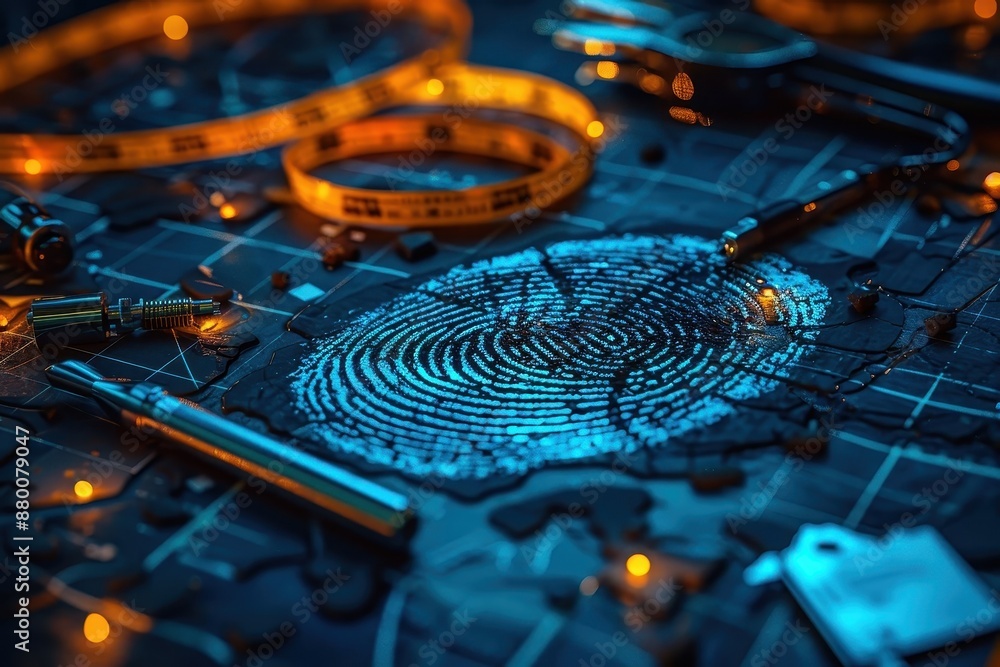 Fingerprint at a crime scene with evidence tape and forensic tools ...