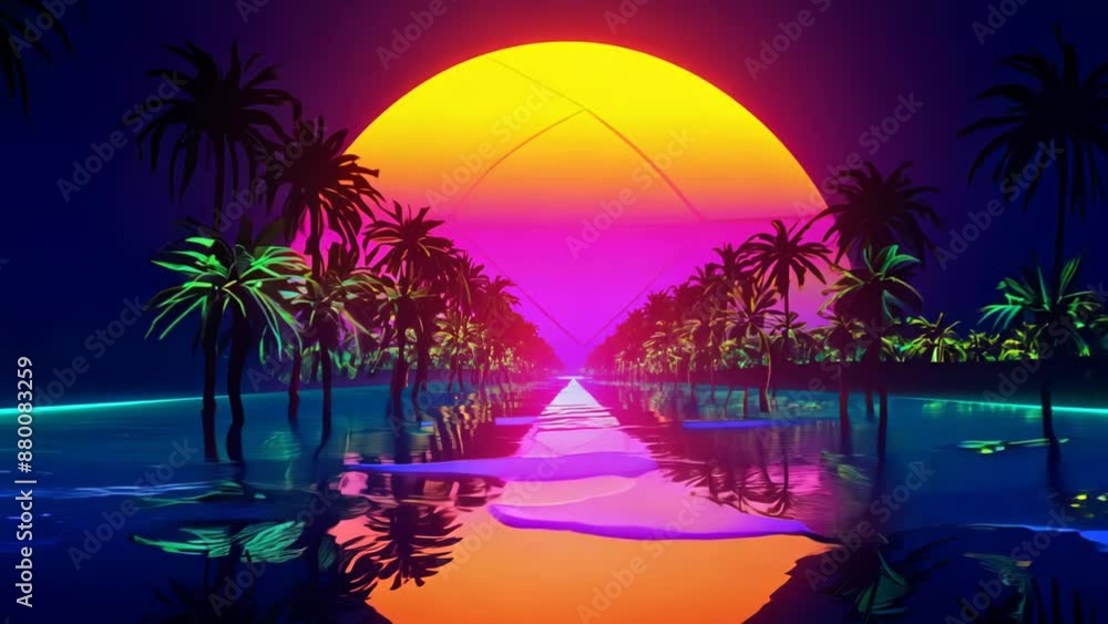 Vibrant synthwave landscape features large segmented sun setting over ...