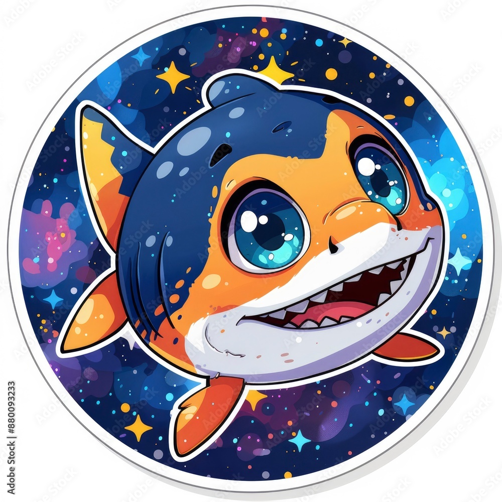 cute happy shark with green eyes, sticker, space background, circular ...