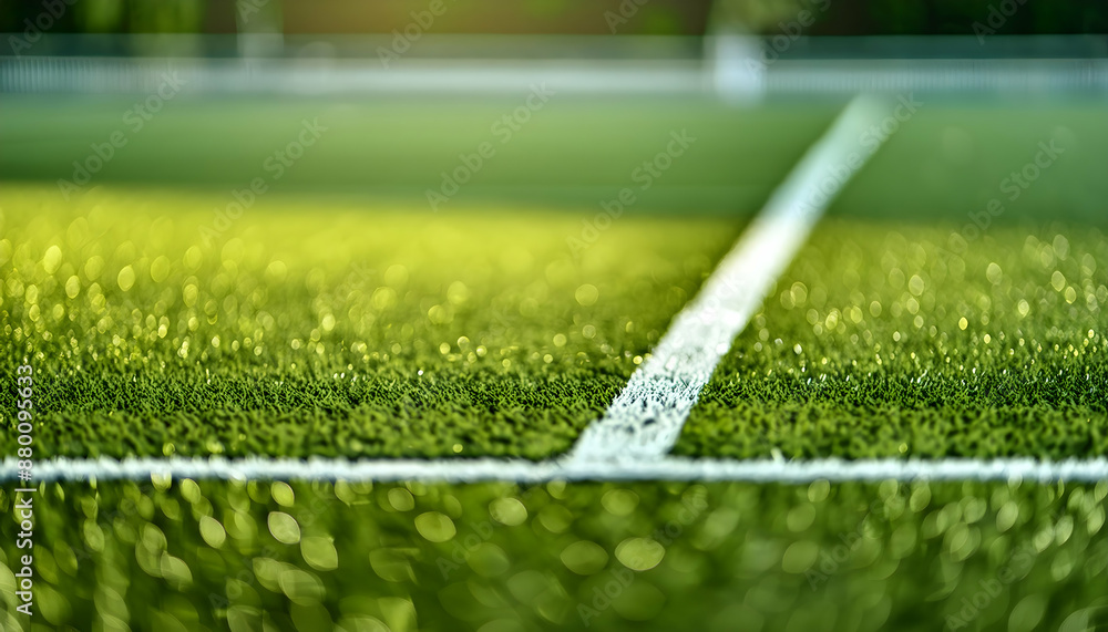 Close-up of a soccer field with a white line Green and white artificial ...