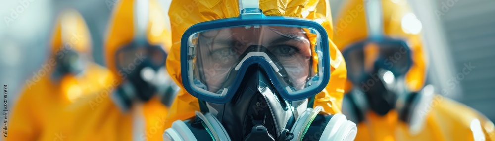 Team wearing protective hazmat suits and gas masks for biohazard safety ...