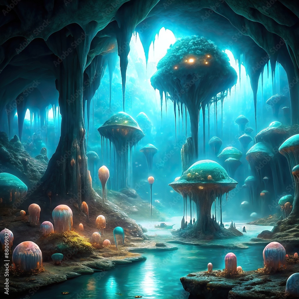 Subterranean alien colony bioluminescent structures wide cavern soft ...