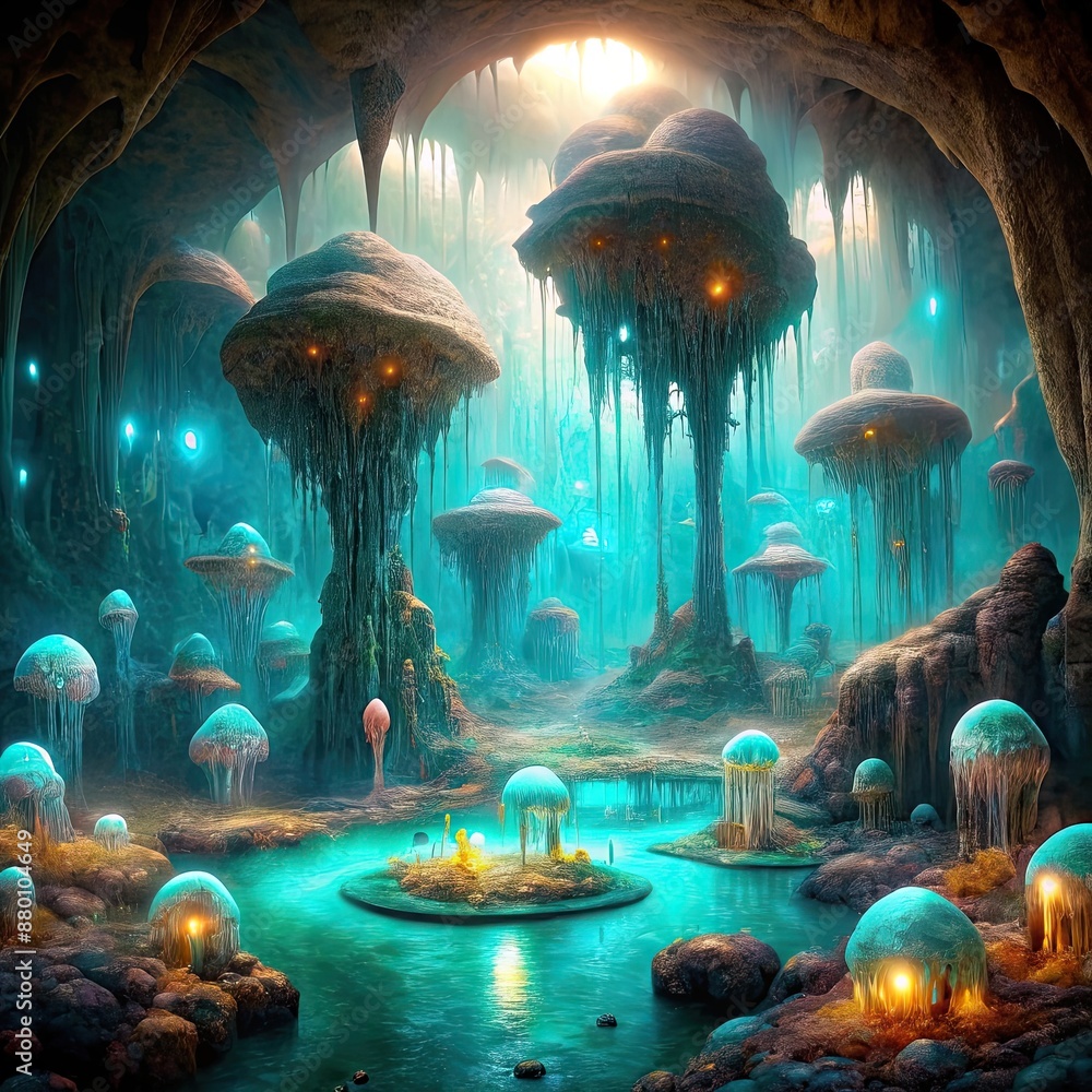 Subterranean alien colony bioluminescent structures wide cavern soft ...