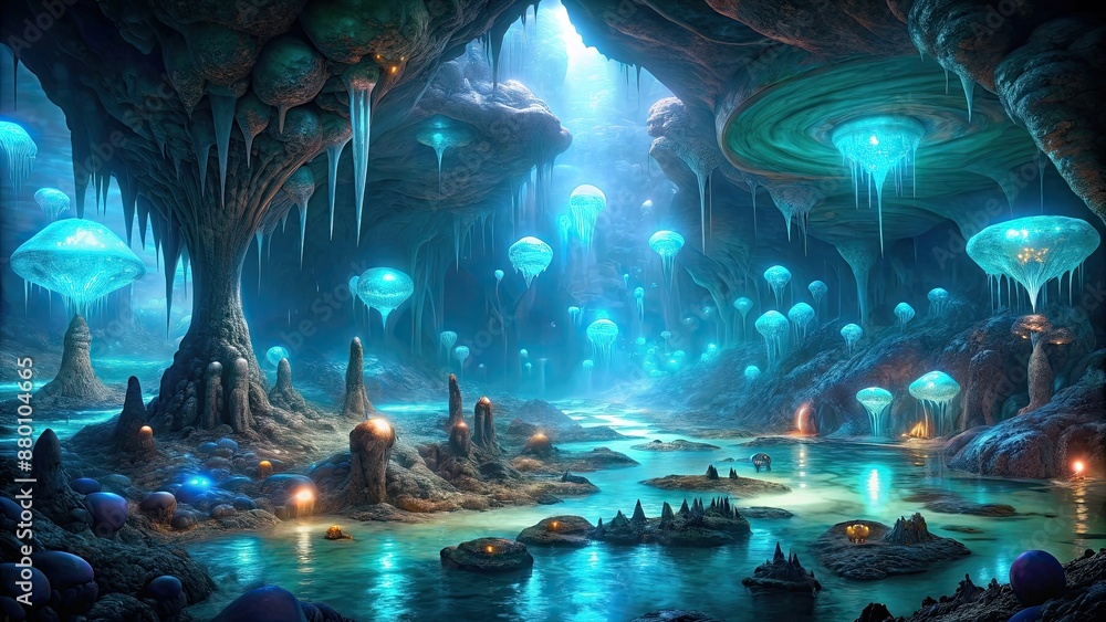 Subterranean alien colony bioluminescent structures wide cavern soft ...