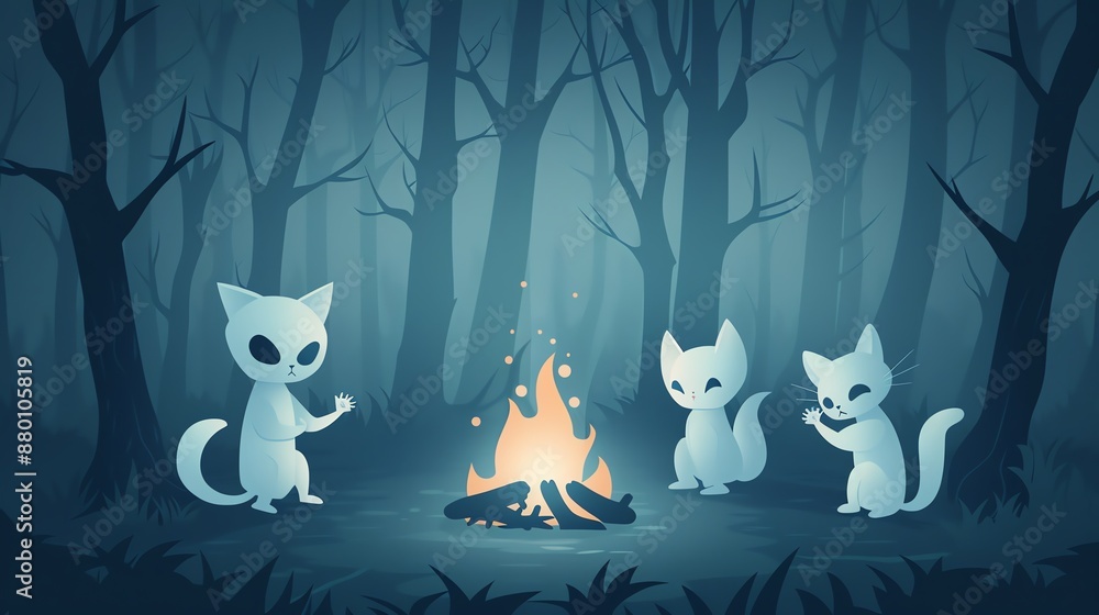 A whimsical nighttime scene of cute, white cartoon foxes gathered ...