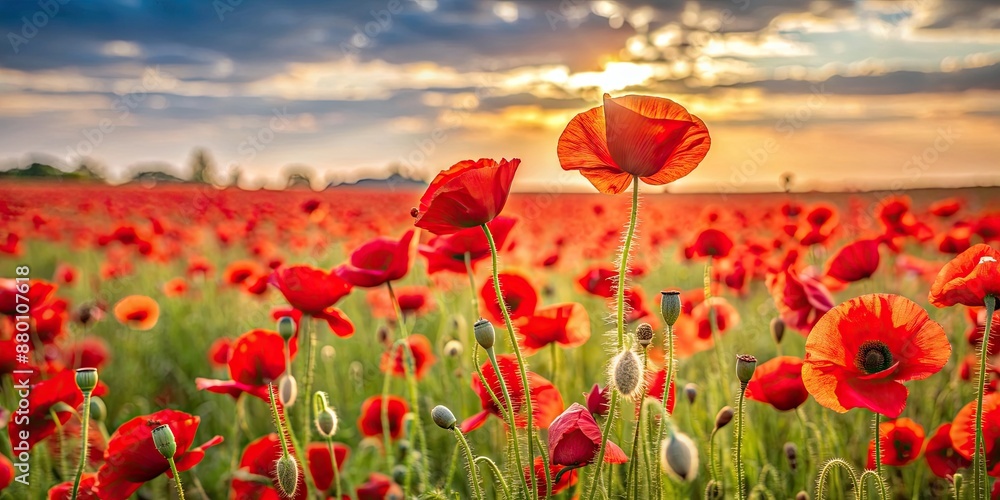 Red poppy flowers for a Remembrance Sunday and Memorial Day poster or ...