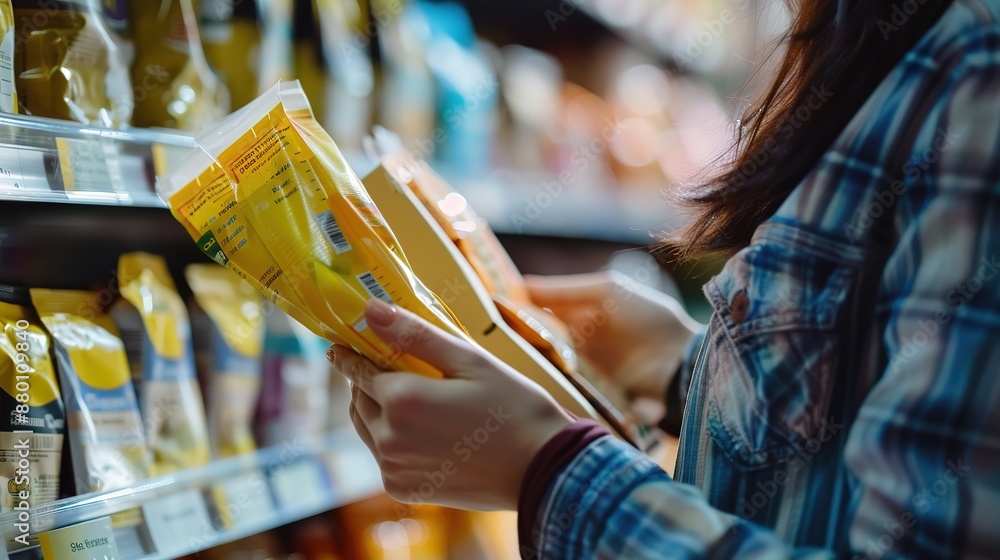 Close-up of an individual carefully reading ingredient labels on food ...