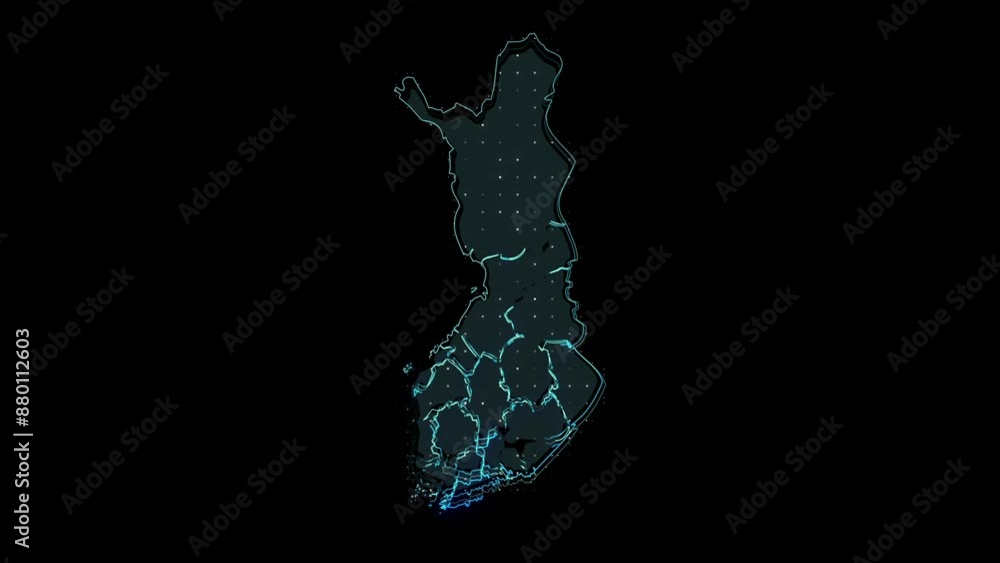 Vidéo Stock A stylized map of Finland with glowing borders and cities ...