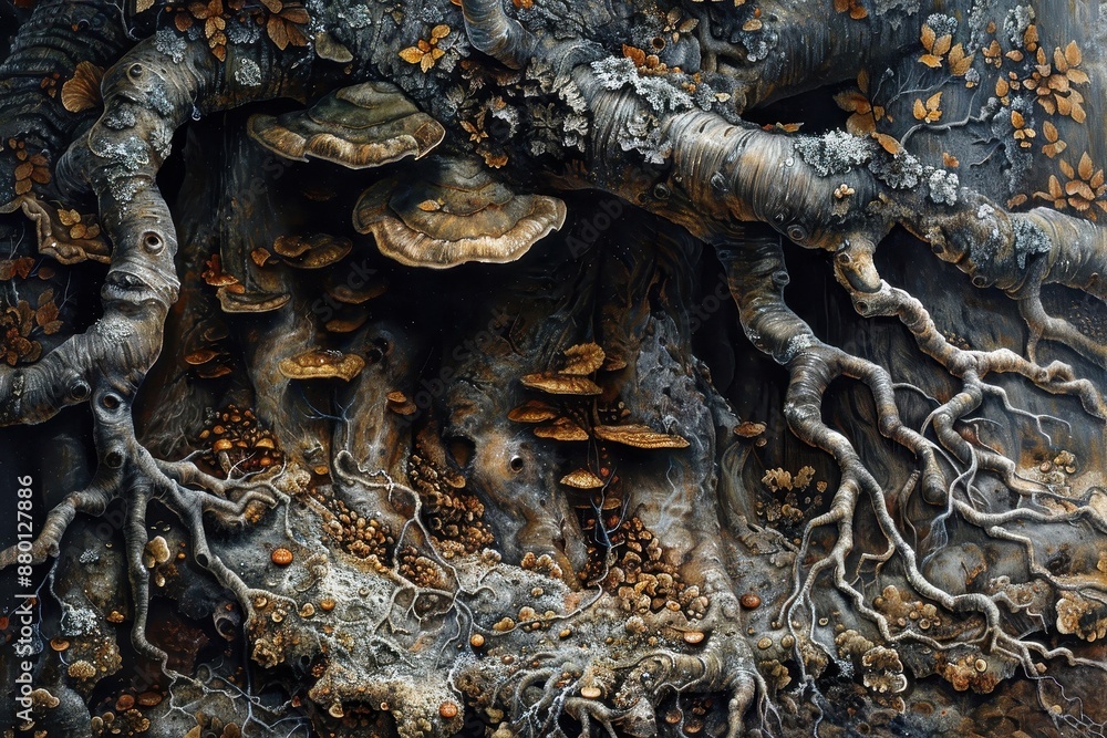 Tree roots intertwined with mycelium, showcasing a symbiotic ...
