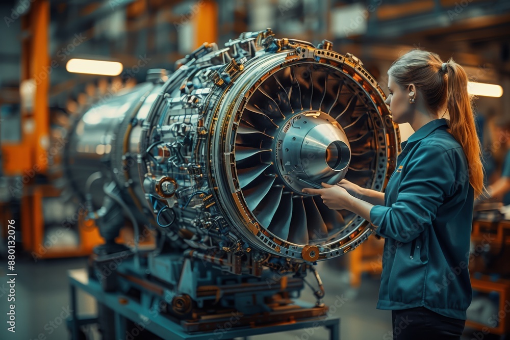Engineer Working on Jet Engine in Factory. Engineer working on a jet ...