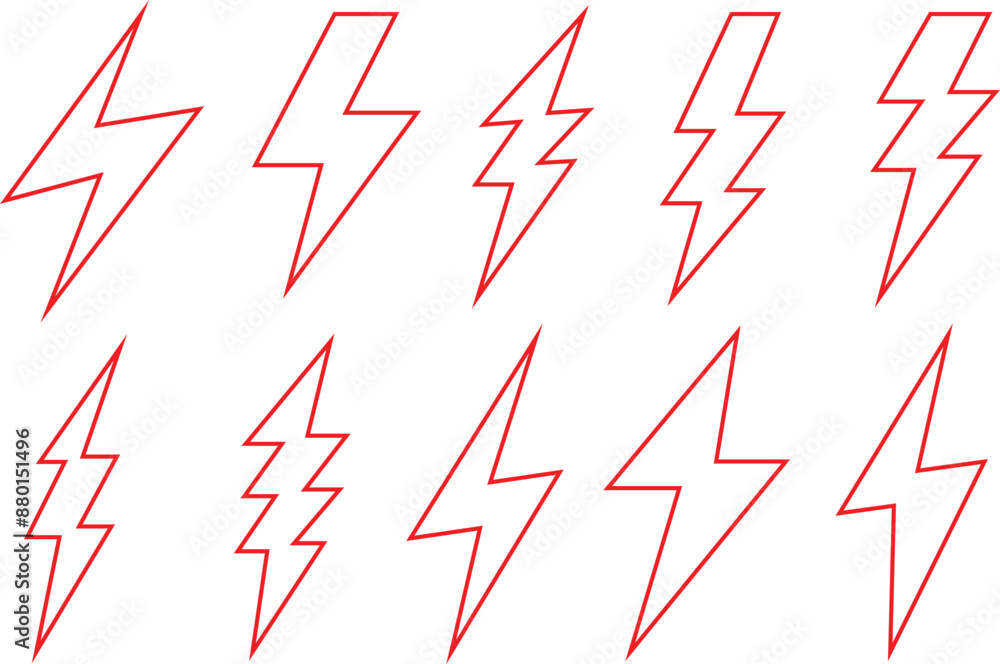 set of red stroke outline lightning bolt, electric thunderbolt ...