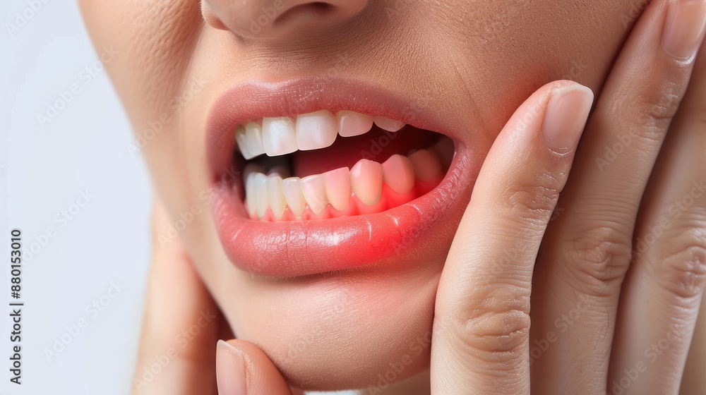 The woman is in pain and discomfort from toothache. She is holding her ...