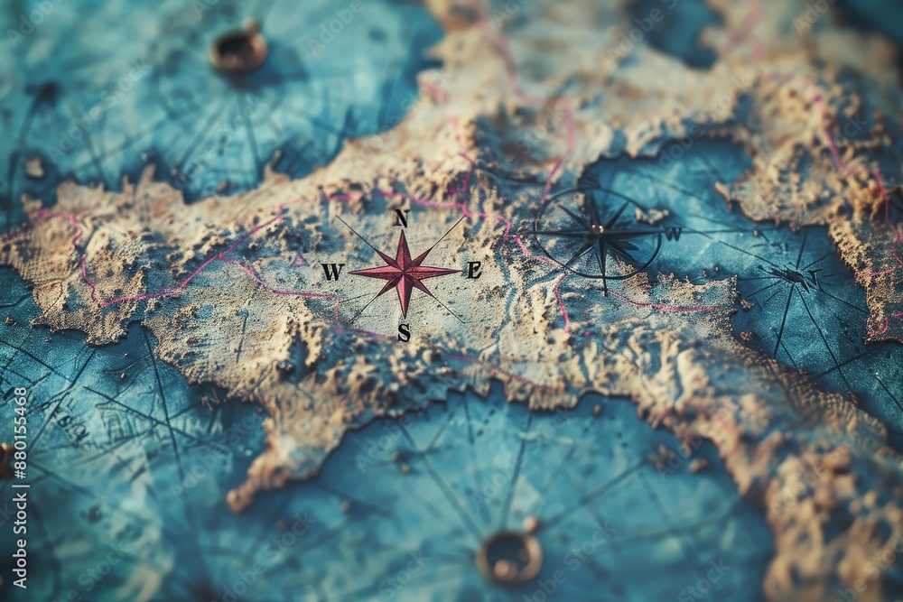 Vintage map of a treasure island with an "X" and compass. Stock ...