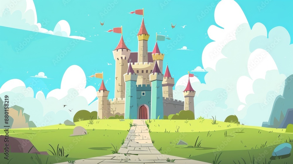 Cartoon Fantasy Castle in Medieval Theme with Complementary Color ...