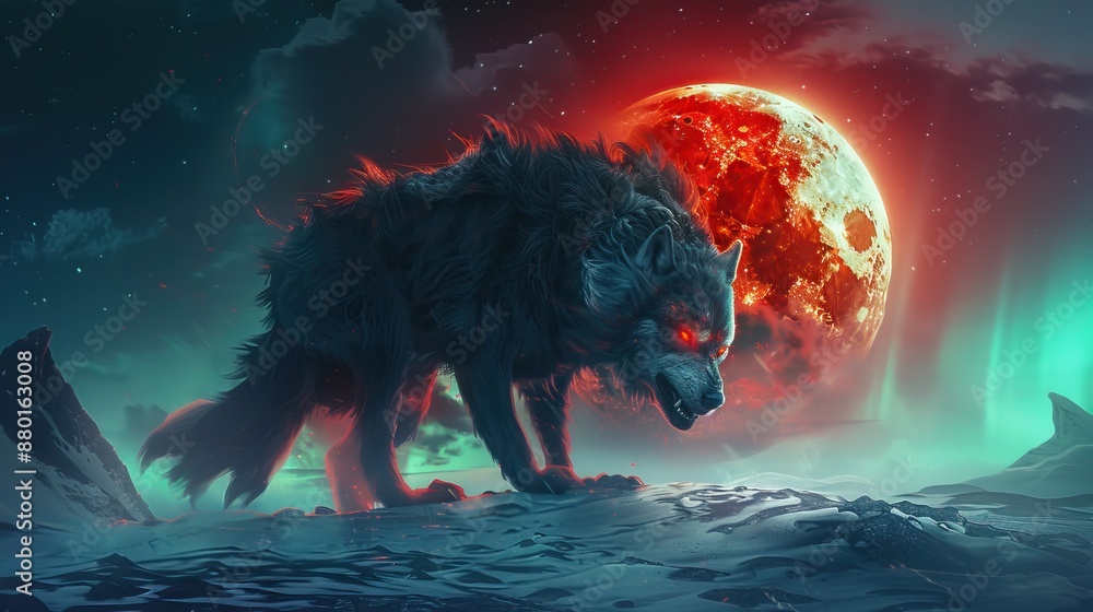 Digital illustration of a fierce wolf under a dramatic red moon sky ...