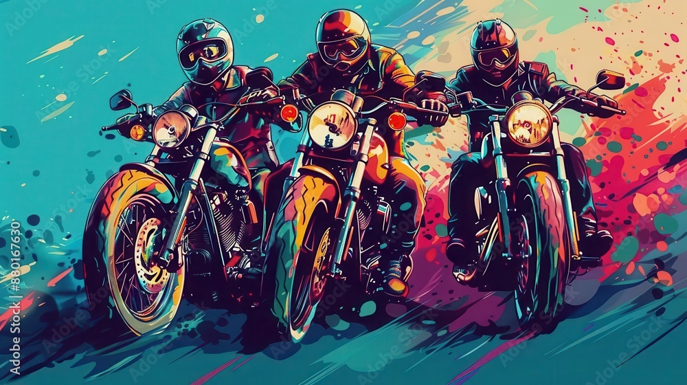 3 United States biker gang flat design bird's-eye view group ride theme ...