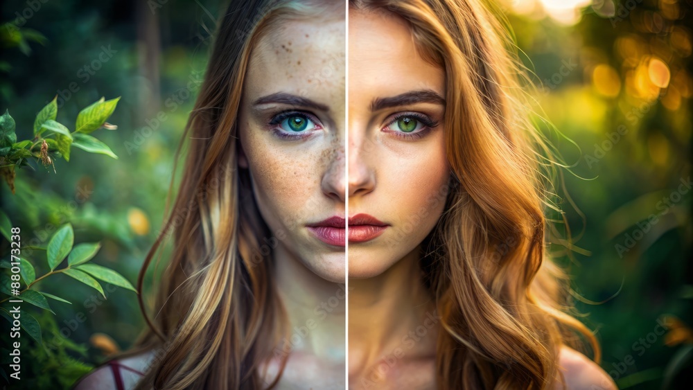 Split-screen comparison of natural and retouched portraits of a ...
